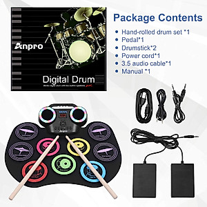 Anpro Electronic Drum Set for Kids | Adult, Musical Instrument Drum Practice Pad Kit with Headphone Jack, Built-in Speaker, Drum Pedals, Drum Sticks, Great Holiday Birthday Gift for Kids