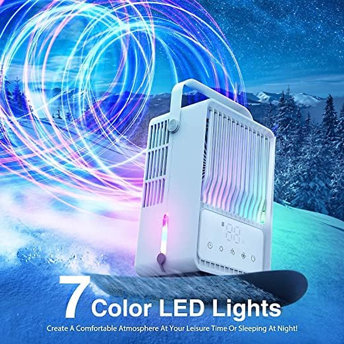 Portable Air Conditioners, 4-IN-1 Evaporative Personal Air Cooler Humidifier with 3 Speeds 7 Colors Light, 1-8H Timing Mini Personal Air Conditioner Fan, USB Quiet Air Cooler for Room Office Desk