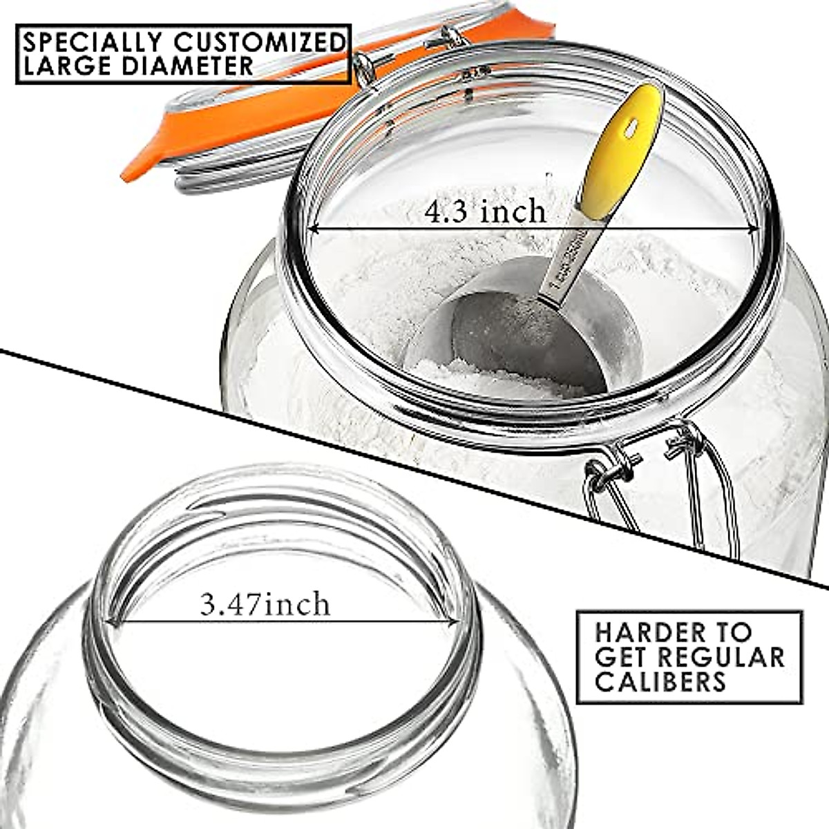 Super Wide-Mouth Glass Jars with Hinged Lids, 1-Gallon (4100 ML) Leak Proof Glass Canning Jars with Airtight Lids and 2 Measurement Marks. Large Capacity, Sturdy For Canning, Overnight Oats, 2-Pack