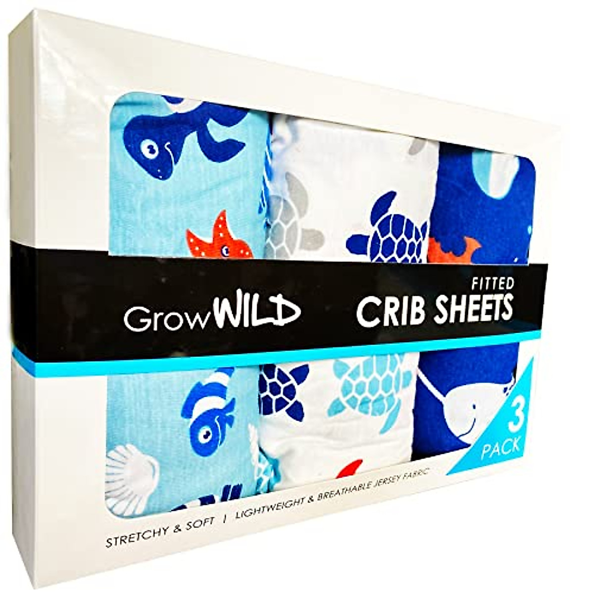 GROW WILD Crib Sheets for Boys (3 Pack), Baby Crib Sheets Soft & Fitted, Crib Mattress Sheet or Toddler Bed Sheets | Crib Sheet Ocean Whale Turtle