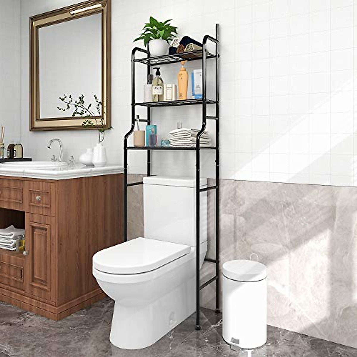 HAHRIR 3-Shelf Bathroom Organizer Over The Toilet Space Saver Bathroom Corner Stand Storage Organizer, Black