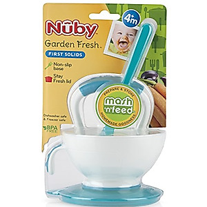 Nuby Garden Fresh Mash N' Feed Bowl with Spoon and Food Masher, Colors May Vary