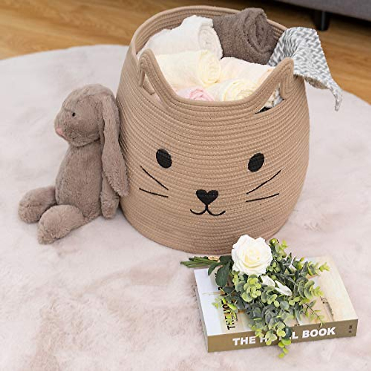 VK Living Animal Baskets Large Woven Cotton Rope Storage Basket with Cute Cat Design Animal Laundry Basket Organizer for Towels, Blanket, Toys, Clothes, Gifts – Pet or Baby Gift Baskets 15‘’ L x 14H