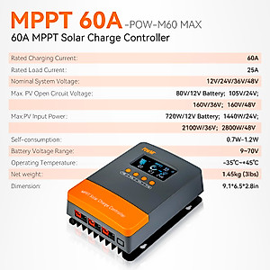 PowMr 60A MPPT Solar Charge Controller 12V 24V 36V 48V Auto, Solar Charge Regulator 60amp w/Large LCD Display, Work with AGM, Gel, Flooded and Lithium Batteries,Plug-and-Play【Update Version】