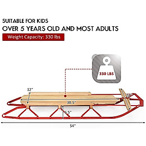 Renatone Wooden Sled, 54 Inch Snow Sleigh Toboggan w/Metal Runners & Steering Bar, Pull Sled for Kids & Adults, Steel & Wood, Red