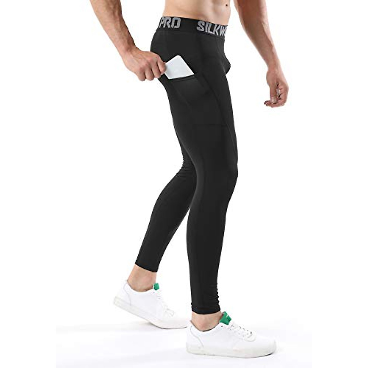 SILKWORLD 3 Pack Mens Compression Pants Running Tights with Pockets Mens Leggings for Sports (Pack of 3: Black, Gray, White, Large)