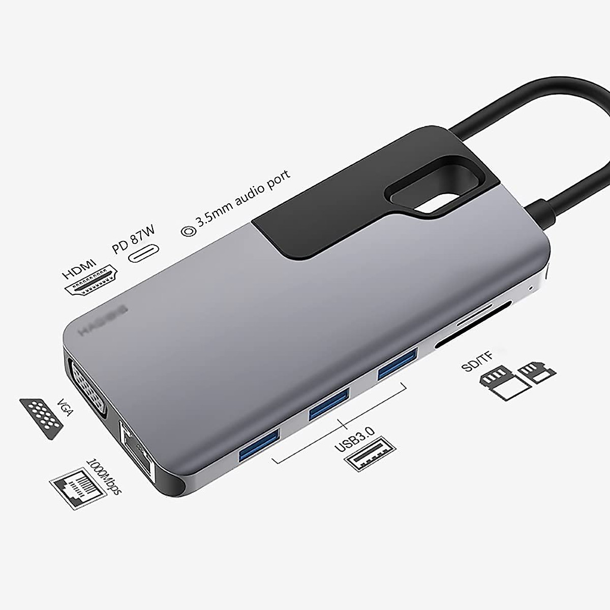 Port Expander Docking Station 10 in 1 USB C Hub with Hidden Cable (Ethernet, HDMI, VGA, 3 USB 3.0, SD/TF Card Reader, PD 87W, 3.5mm Audio) USB Splitter