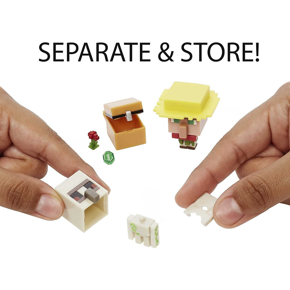 Minecraft Mob Head Minis Villager Guarding Iron Golem Pack with 2 Action Figures & Accessories, Incudes Authentic Pixelated Video-Game Characters Steve & Spider, Age 6 Years & Older