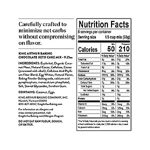 King Arthur Baking Keto Cake Mix, Chocolate, 2g Net Carbs 0g Added Sugar Per Serving, Low Carb & Keto Friendly, 9.25oz, White