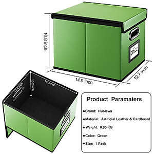 Huolewa Upgraded File Organizer Box with Lid, Collapsible Faux Leather Document Organizer, Hanging File Folder Box with Plastic Slide, Decorative Filing Box Cabinet for File and Folders Storage(Green)