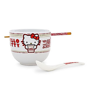 Silver Buffalo Sanrio Hello Kitty x Nissin 20-Ounce Ramen Bowl With Chopsticks and Spoon
