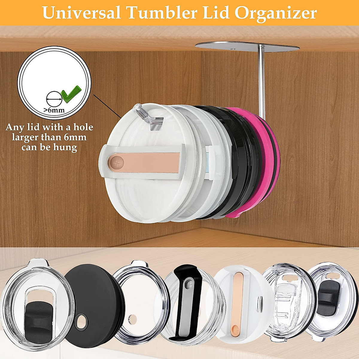 WSYLEN 2 Pack Tumbler Lid Organizer, Cup Lid Organizers Inside Cabinet for Yeti Tumbler/Stanley Tumbler Lids, Space Saving Cup Lid Holder and Hook for Kitchen Storage, Silver