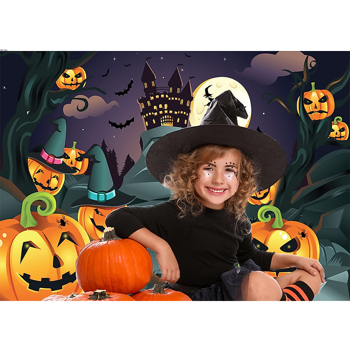 CYLYH 7x5ft Halloween Themed Photography Backdrop Castle Pumpkin Head Flying Bats Under Moonlight Background Photo Studio Props D188