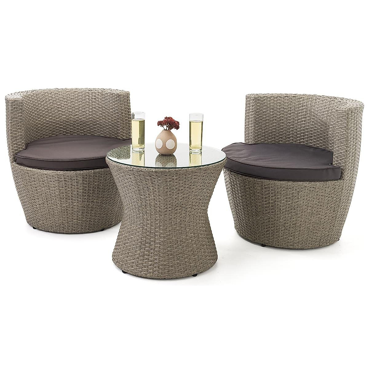 Displays2go Synthetic Wicker Outdoor Furniture Set, Three Piece, Weather-Resistant, Stackable - Taupe (FDOUTDOOR1)