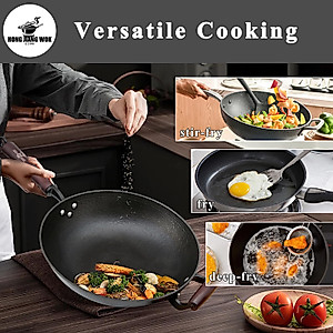 Cast Iron Wok Pan, 14.2" Preseasoned Nonstick Stir-Fry Pans, Flat Bottom Wok with Glass Lid and Wood Handle, Uncoated Traditional Chinese Wok for Induction, Electric, Gas Stoves