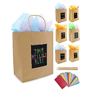 PURPLE LADYBUG 7 Brown Fathers Day Gift Bags Medium Size with Handles - Personalized Teacher Appreciation Gift Bags and Tissue Paper Set - Sight Smell Touch Taste Sound Gift Bags, Thank You Gift Bags