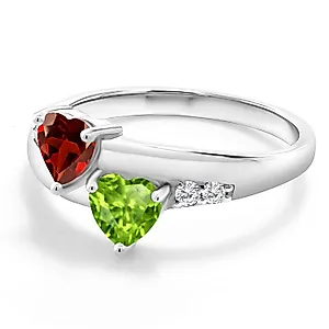 Gem Stone King 925 Sterling Silver Green Peridot Red Garnet and White Lab Grown Diamond Women Ring (1.13 Cttw Heart Shape, Available in size 5, 6, 7, 8, 9)