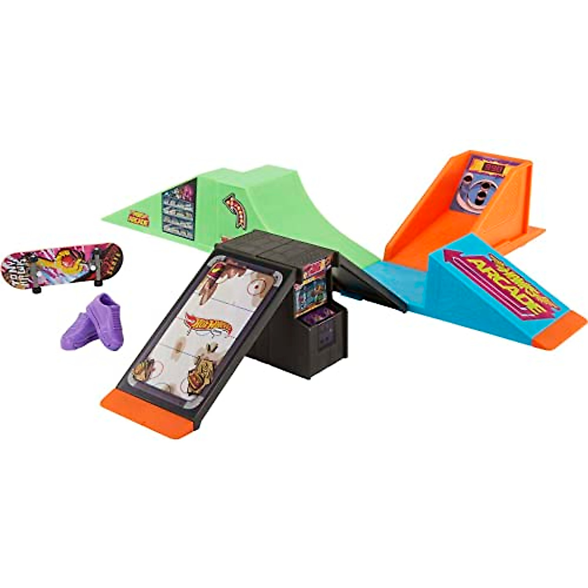 Hot Wheels Skate Arcade Skatepark Playset, Includes Exclusive Tony Hawk-Designed Fingerboard and 1 Pair of Removable Skate Shoes for Kids