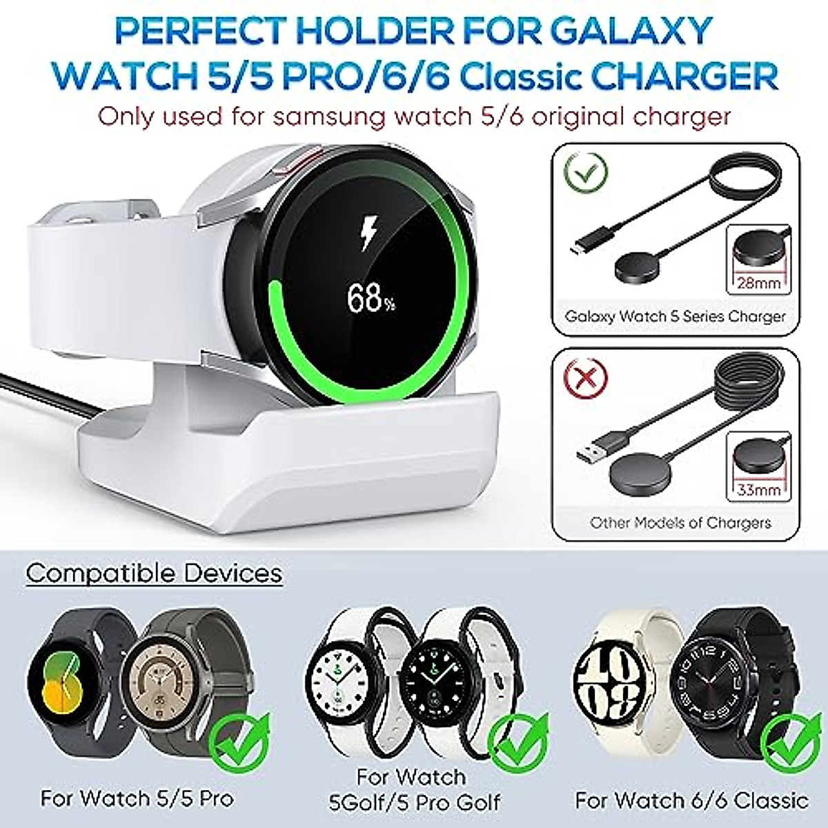 Stand for Samsung Galaxy Watch 7 40,44mm /Watch Ultra/Watch 6 Classic/Watch 5/Watch 5 Pro Charger,Non-Slip Silicone Charger Dock Accessories Support Charging Holder -White, Charger Cable Not Included