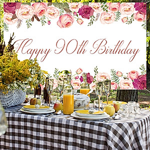 Vlipoeasn Elegant White Happy 90th Birthday Decorations for Women Rose Gold Flower Peony Photography Backdrop for 90th Birthday Party Surprise for Mother Cheers to 90 Years Old Birthday Party Supplies