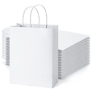 UCGOU Gift Bags 50Pcs 8x4.25x10.5 Inches White Kraft Paper Bags Paper Gift Bags with Handles Party Favor Bags Goodie Bags Shopping Bags Bulk Craft Bags Grocery Bags