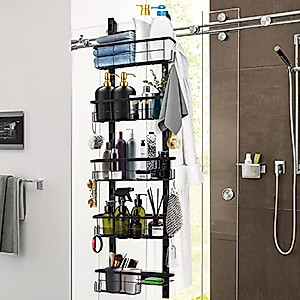 AUROPEAK Shower Caddy Over the Door, Hanging Shower Organizer Rustproof No Drilling, Adjustable Over the Shower Door Caddy Storage Rack with 5-Tier Shelf Baskets, Soap Holder, Towel Hooks for Bathroom