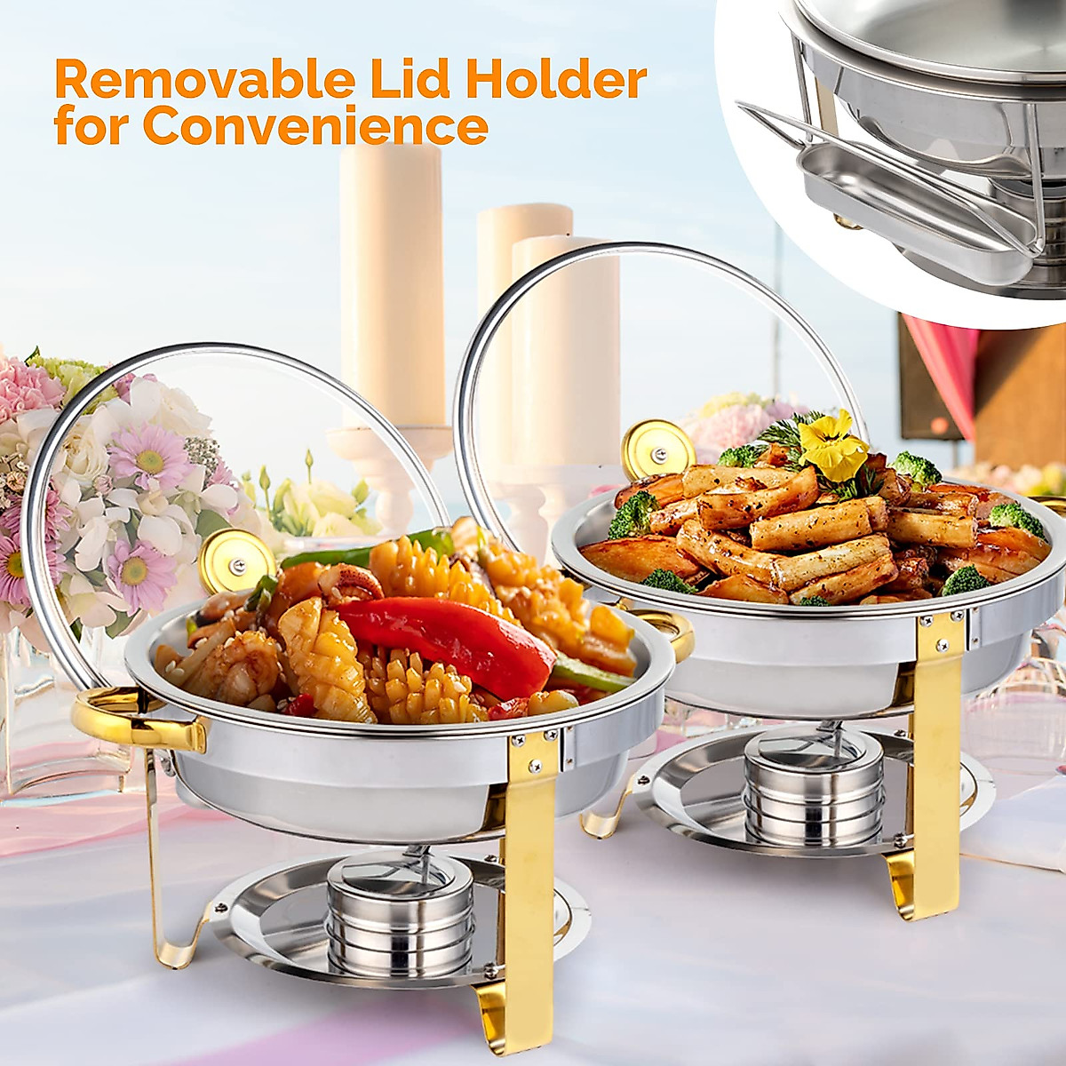 ROVSUN 5QT 4 Packs Chafing Dish Buffet Set Gold Accent, NSF Round Stainless Steel Buffet Warmer Chafers and Warmers Sets with Glass Lid & Lid Holder for Catering Events Parties Weddings Dinners