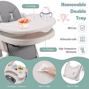 BABY JOY Convertible High Chair for Babies & Toddlers, Foldable Highchair with Adjustable Backrest/Footrest/Seat Height, Double Removable Tray, Detachable PU Cushion, Built-in Front Wheels (Gray)