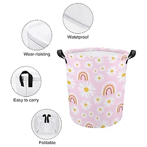 Daisy Flower And Rainbow on Pink Storage Basket Bin, Round Laundry Bakset Hamper Collapsible Nursery Bin with Handle for Clothes Toys Books Home Decor