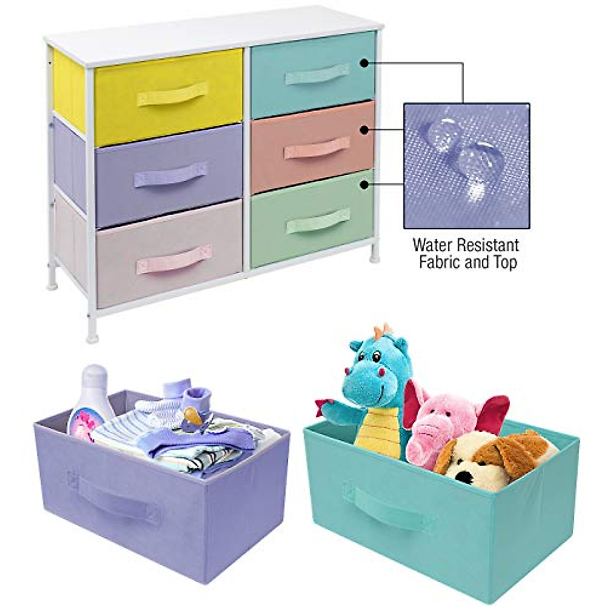 Sorbus Dresser with 6 Drawers - Furniture Storage Tower Unit for Bedroom, Hallway, Closet, Office Organization - Steel Frame, Wood Top, Easy Pull Fabric Bins (Pastel/White)