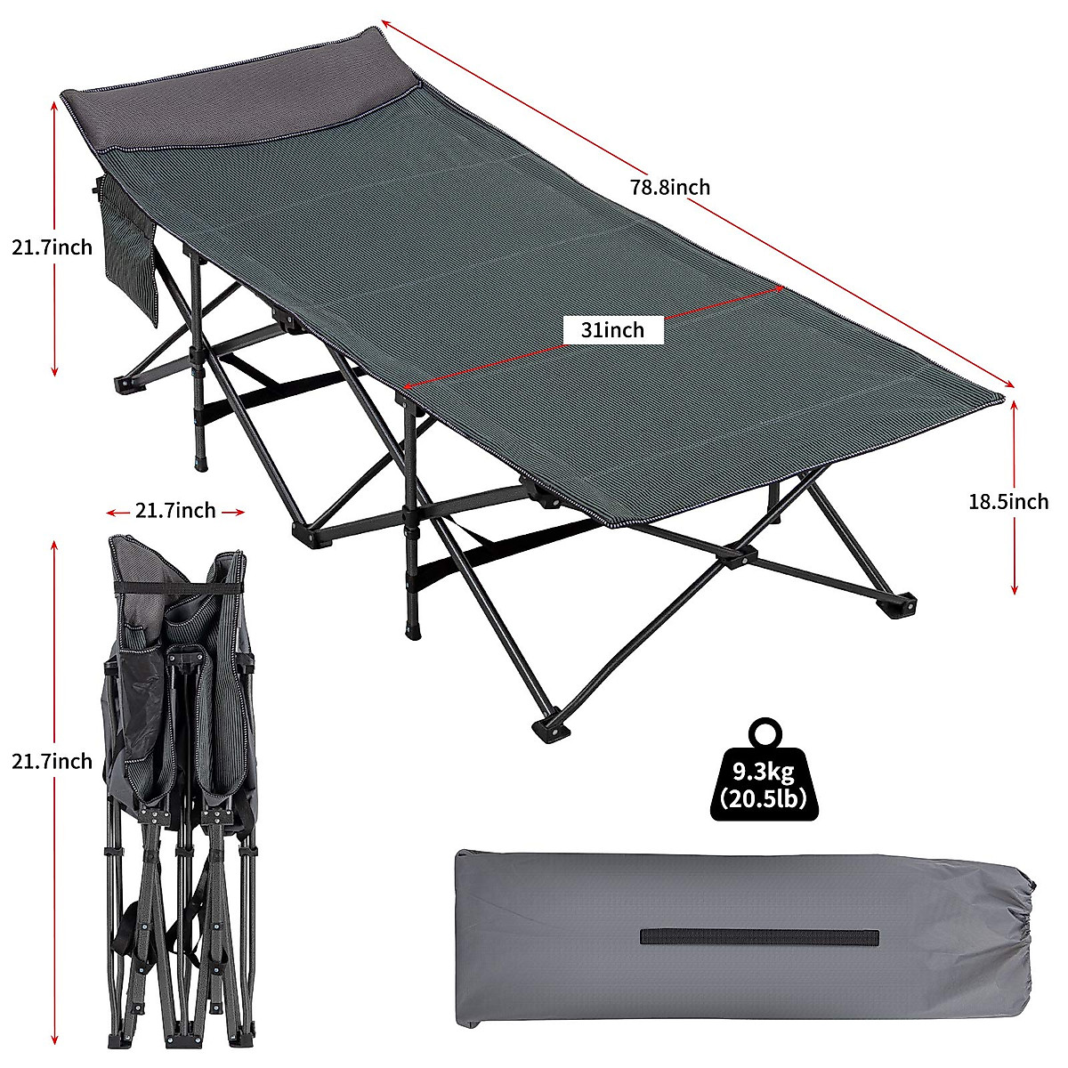 Camabel Folding Camping Cots for Adults Heavy Duty 79”x31” Extra Wide Potable Sleeping Cots for Adults Supports 400 LBS Cot Bed for Backpacking Travel Beach Office with Side Pocket and Carry Bag Green