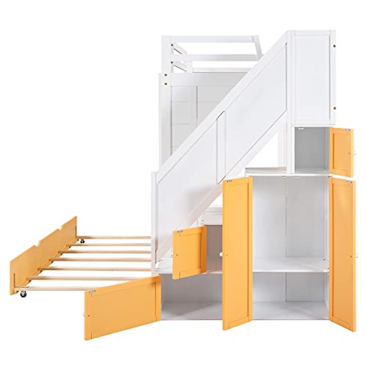 HomSof Twin Over Twin Bunk Bed with Trundle,Stairs,Ladders Solid Wood Bunk Bed with Storage Cabinet （White + Yellow）