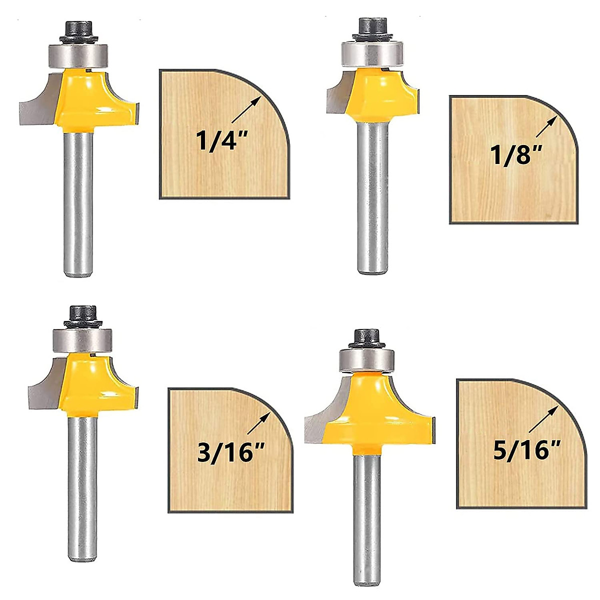 Roundover Router bit Set by TOOLDO ，1/4 inch Shank,4pcs Router bit Set，Bearing Guide for Rounding Edge bit (for R 1/8", 1/4", 3/16", 5/16")