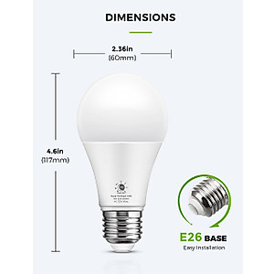 LOHAS Dusk to Dawn Light Bulbs Outdoor, Light Sensor Bulb 60W Equivalent, A19 LED Bulb Daylight 5000K, 9W Photocell Sensor LED, 900LM Auto On/Off Porch Light, E26 Base for Garage, 2Pack