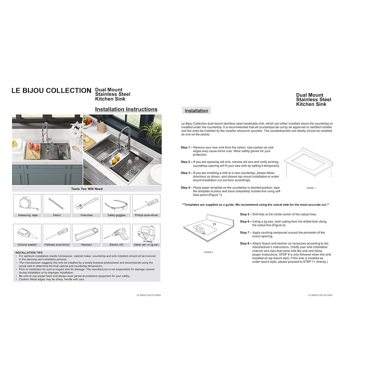 Le Bijou Collection 15 Inch Workstation Drop-in or Undermount 15 x15 Inch Single Bowl 18 Gauge Stainless Steel Handmade Kitchen & Bar Sink with Integrated Ledge and Accessories