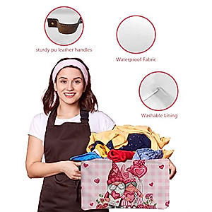 Valentine's Day Gnomes Storage Bins Shelf Baskets, Collapsible Cube Basket with Handles, Pink Plaid Love Heart Roses Waterproof Organizer for Toys/Closet/Blanket 15"x11"x9.5", 1 Pack