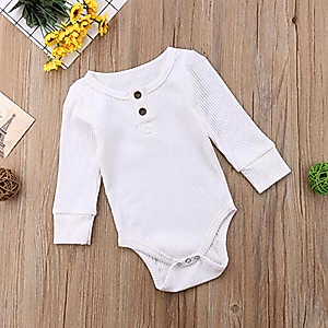 Seyurigaoka Newborn Unisex Baby Solid Bodysuit Basic Plain Rib Stitch Long Sleeve Romper Clothes for Infant Boy Girl White