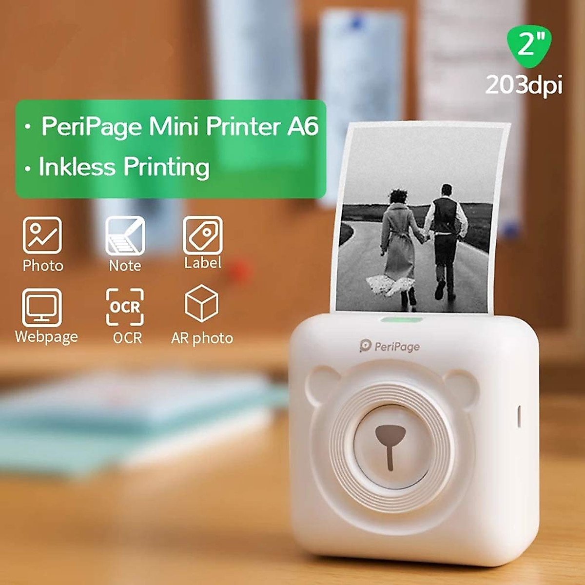 PeriPage Mini Portable Paper Photo Pocket Thermal Printer 58 mm Printing Wireless Bluetooth Android iOS Printers (White)