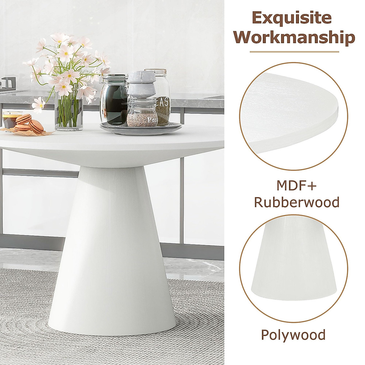 kevinplus 46.5'' Round Wood Dining Table for Living Room Dining Room Kitchen, Modern Circle Dining Kitchen Table for 4-6, Contemporary Living Room Dining Room Table Furniture (φ46.5"x30.2", White)