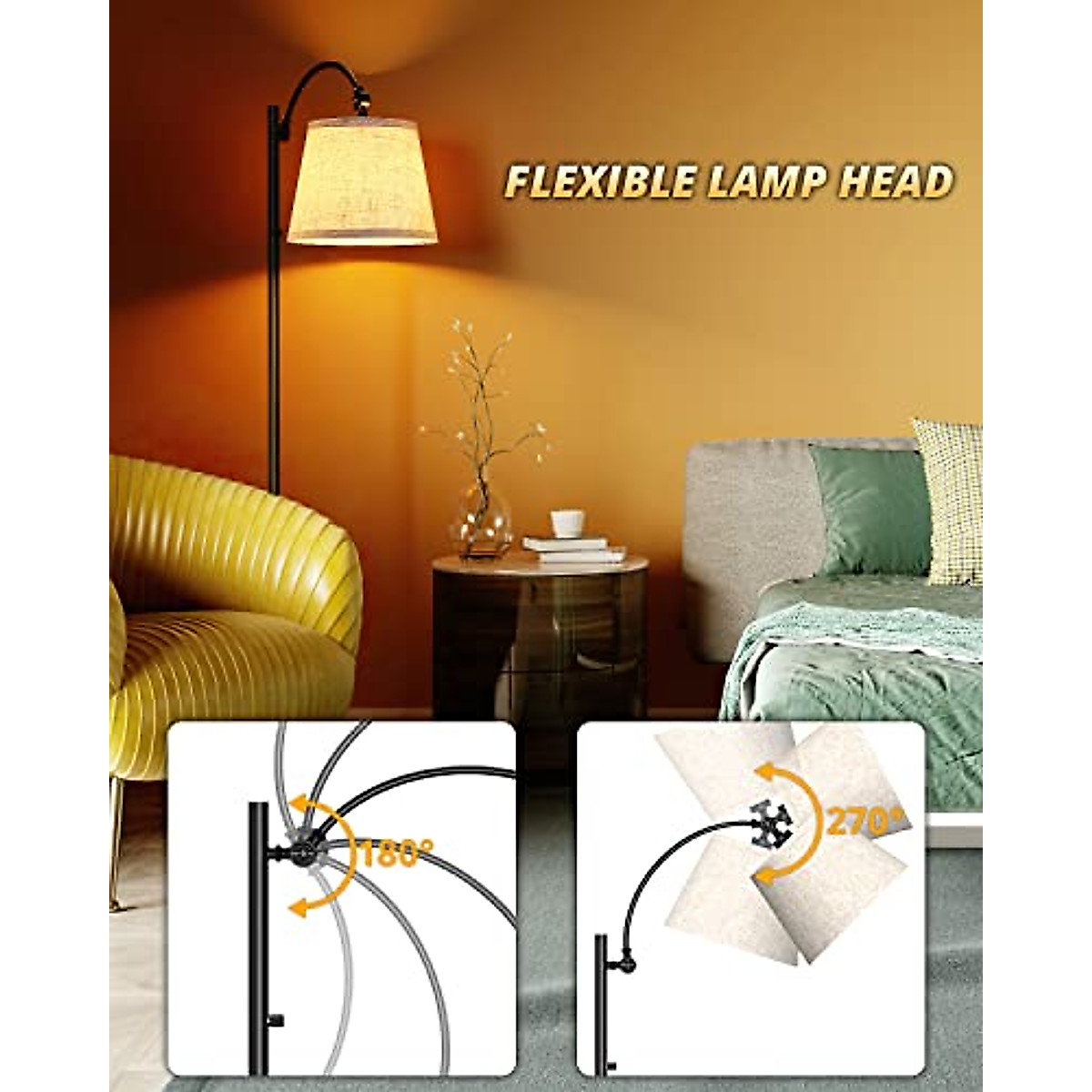 Floor Lamp for Living Room，Modern Lamp with Rotary Switch, Adjustable Tall Standing Reading Lamp with Hanging Linen Shade for Bedroom, Office, Black（3 Color Temperatures Bulb Included ）