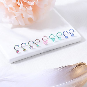 ZS 9PCS 20G Nose Rings for Women, 316L Stainless Steel Nose Piercings Jewelry, Colorful Screw L-Shape Nose Studs Rings (Corkscrew)