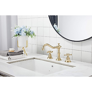2 Handles Bathroom Faucet GGStudy Brushed Gold 2 Handles 3 Holes Widespread Bathroom Sink Facuet Farmhouse Washingroom Faucet Mixer Tap