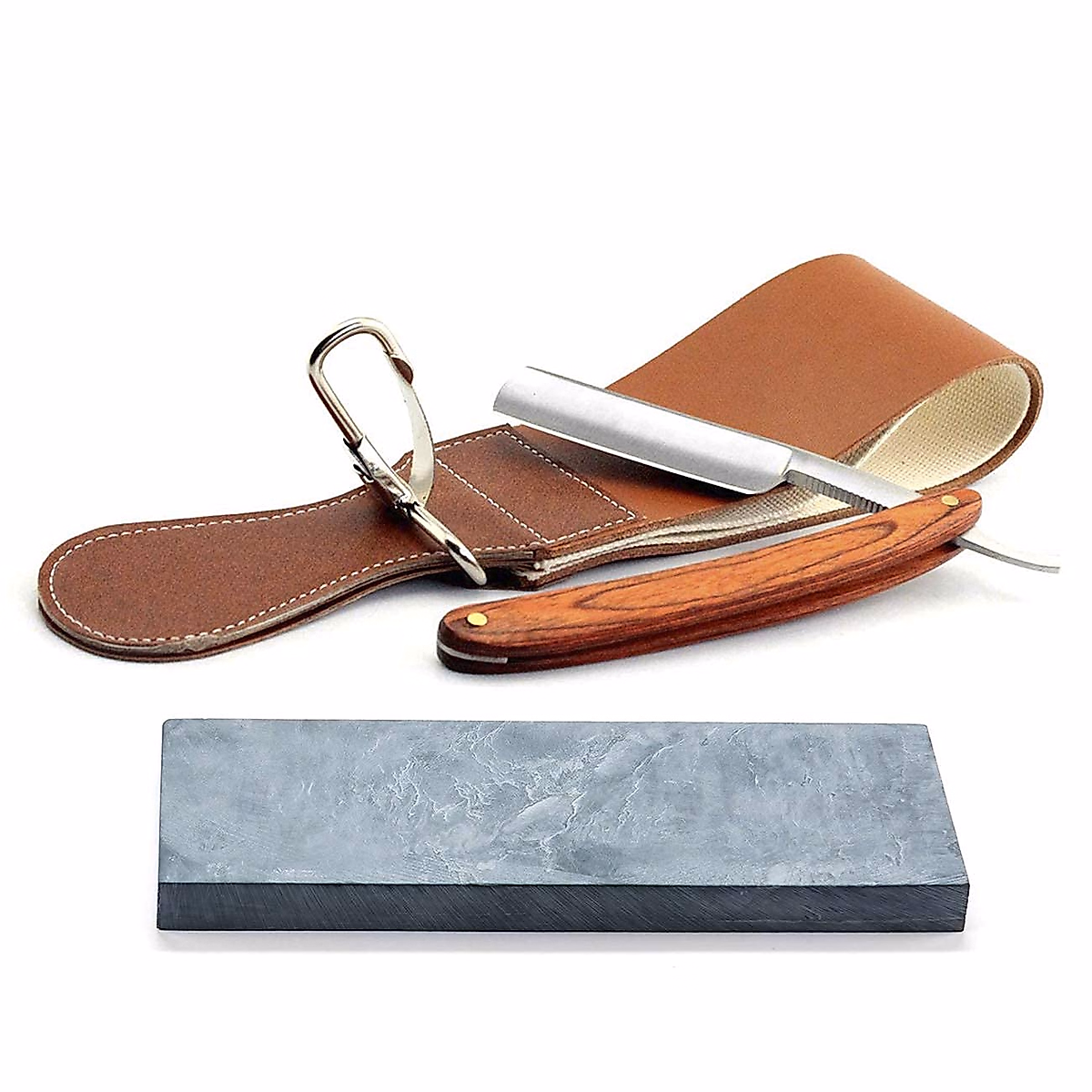 Grandslam Straight Razor Shave Ready Handmade Sharpened, 420 Steel Straight Razor Blade, 2 Layers Long Leather Canvas Strop, Sharpening Stone,2 Side Grit 3000 Waterstone Knife Sharpener