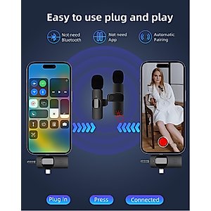 2 Pc Mini Microphone,Wireless Lavalier Lapel Microphone for iphone Android Camera Plug-Play，Professional Noise Reduction Recording Clip Mic for Creator Interview YouTube Interview TikTok Vlog (K15)
