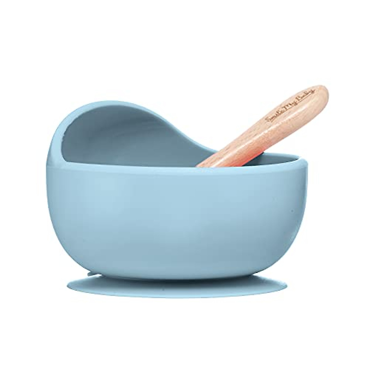 Baby Feeding Set Silicone Bib Wooden Spoon & Suction Bowl Newborn & Toddler No Mess Self Feeding Easy Clean Utensils Washable Safe Girls/Boys Shower & Baby Registry by Smile My Baby… (Dusty Blue)
