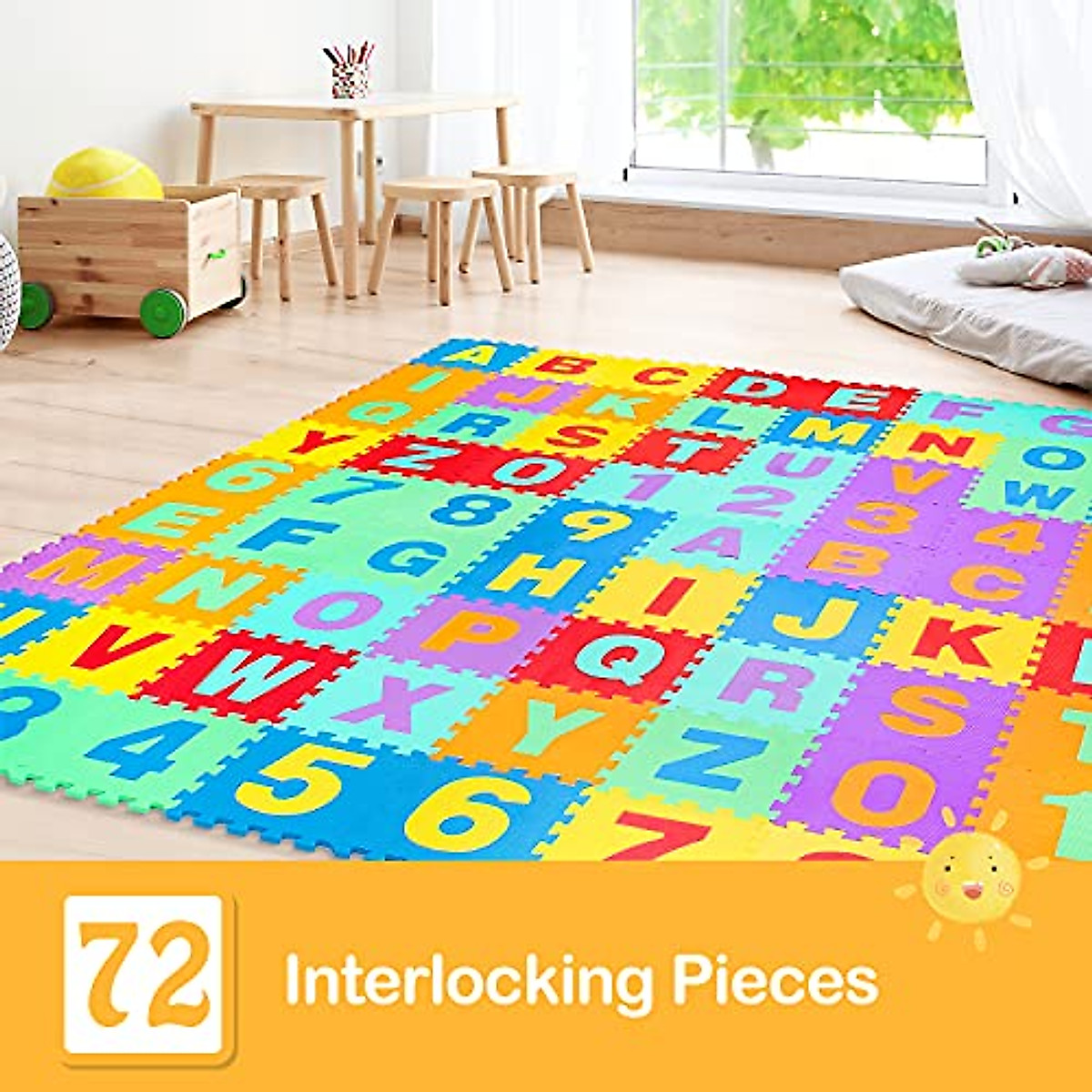 Costzon 72 Pieces Baby Play Mat w/Fence, Baby 0.4'' Thick EVA Baby Crawling Mat w/Detachable Numbers, Waterproof Soft Playmat for Toddler Infants (72 Pieces, Alphabet + Numbers)