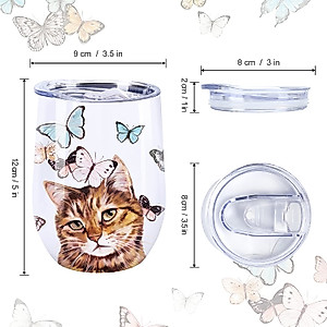 NymphFable 12oz Cat Cup Wine Tumbler With Straw And Lid Insulated Stemless Wine Glass Stainless Steel Double Wall
