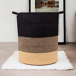 FUNKYHAUS Large Laundry Blanket Basket, 15x18 Black Camel, Woven Baskets for Storage, Storage for clothes, Cotton Rope Basket, Laundry Basket Hamper, Basket for Blankets, Toy Baby Baskets for Decor