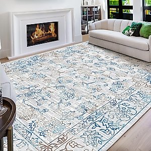 Vamcheer Vintage Washable Area Rug 8x10 - Classic Chenille Rugs for Living Room Bedroom Dining Room Traditional Carpet for Office Kitchen Non Slip Ivory Outdoor Rug