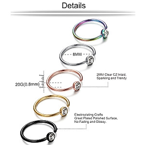 ORAZIO 5-12Pcs 20G Stainless Steel Nose Ring Hoop CZ Body Ear Piercing 5 Mixed Colors